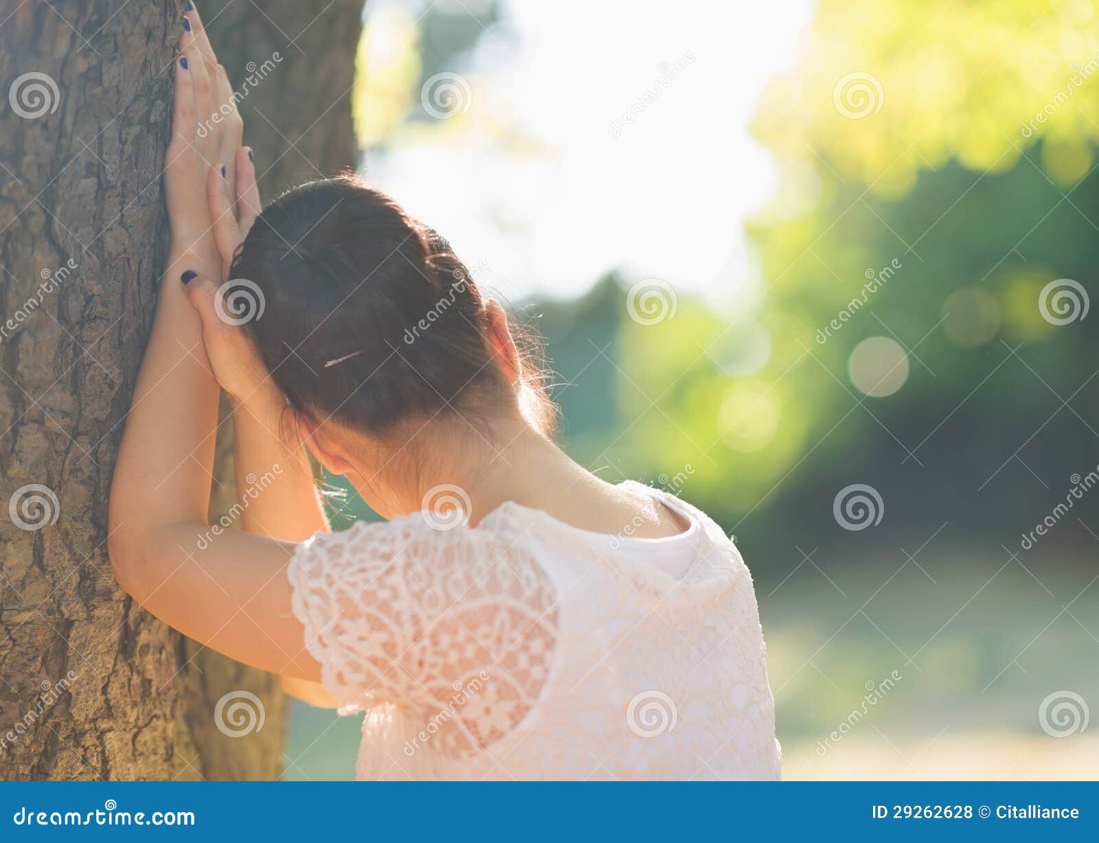 Girl Looking Out from Tree. Rear View Stock Photo - Image of look ...