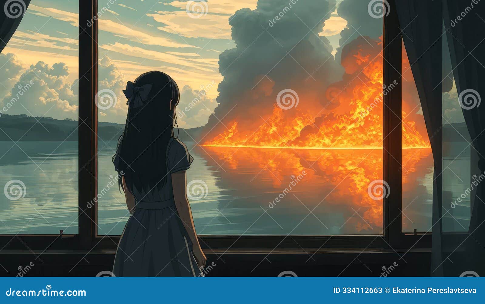 A Girl is Looking Out a Window at a Fire in the Distance Stock ...