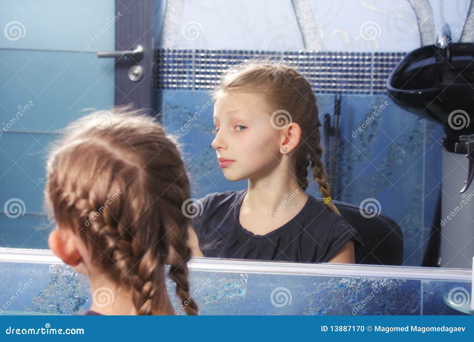 Girl Looking at Own Reflection Stock Photo - Image of mirror, child ...