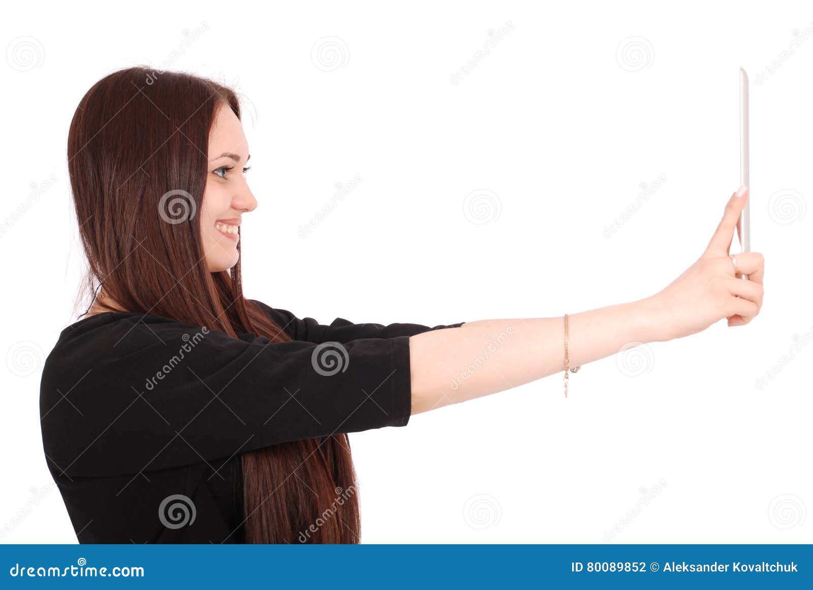 Girl Looking at Tablet Pc Standing Sideways Stock Photo - Image of girl ...