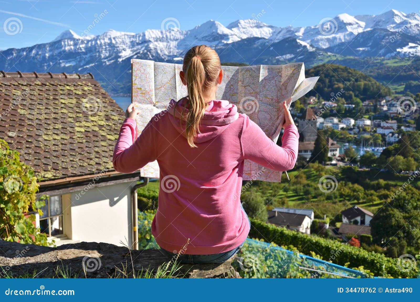 Girl looking to the map stock photo. Image of autumn - 34478762