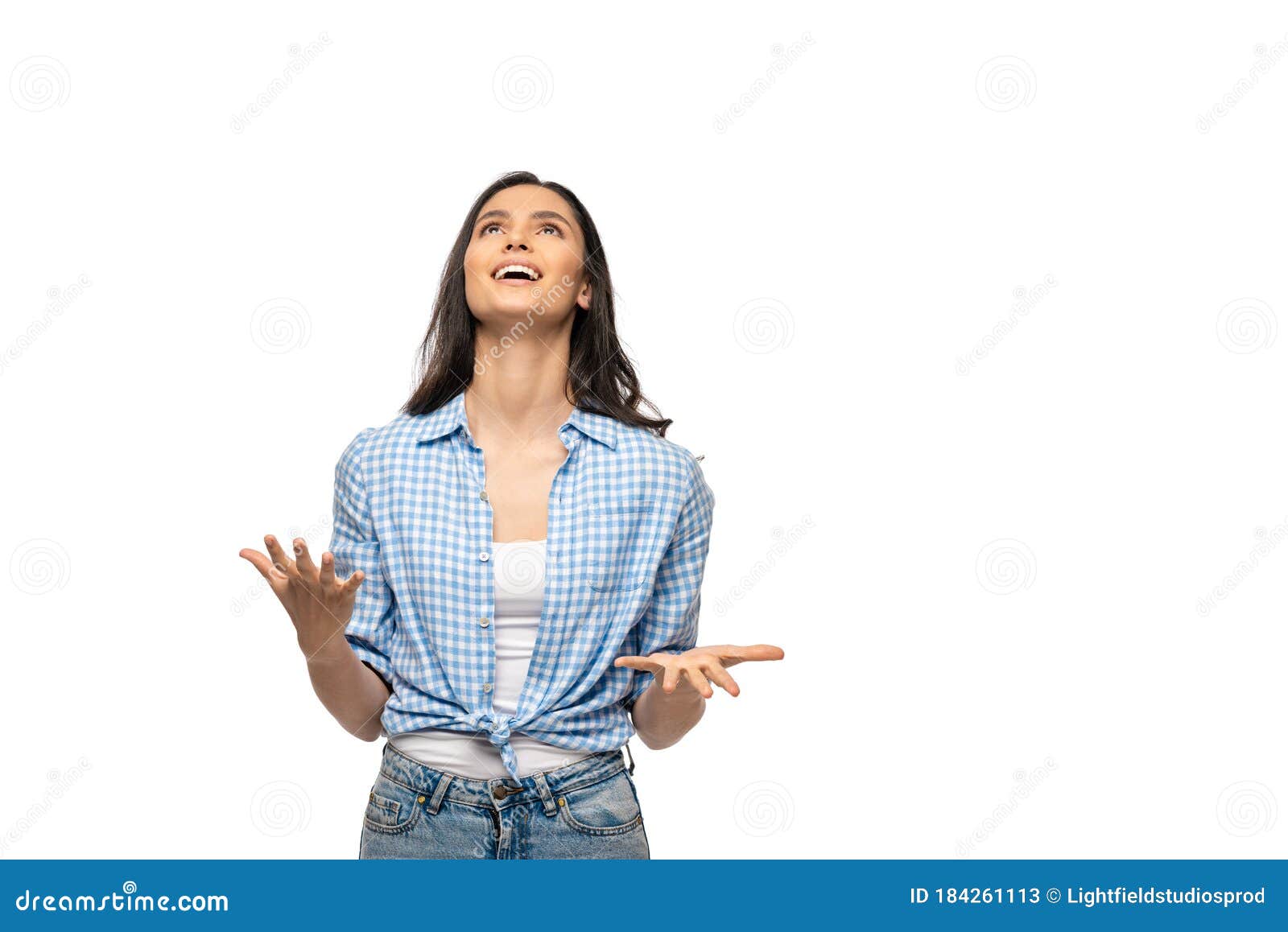 Girl Looking Up and Gesturing with Hands Isolated on White Stock Image ...