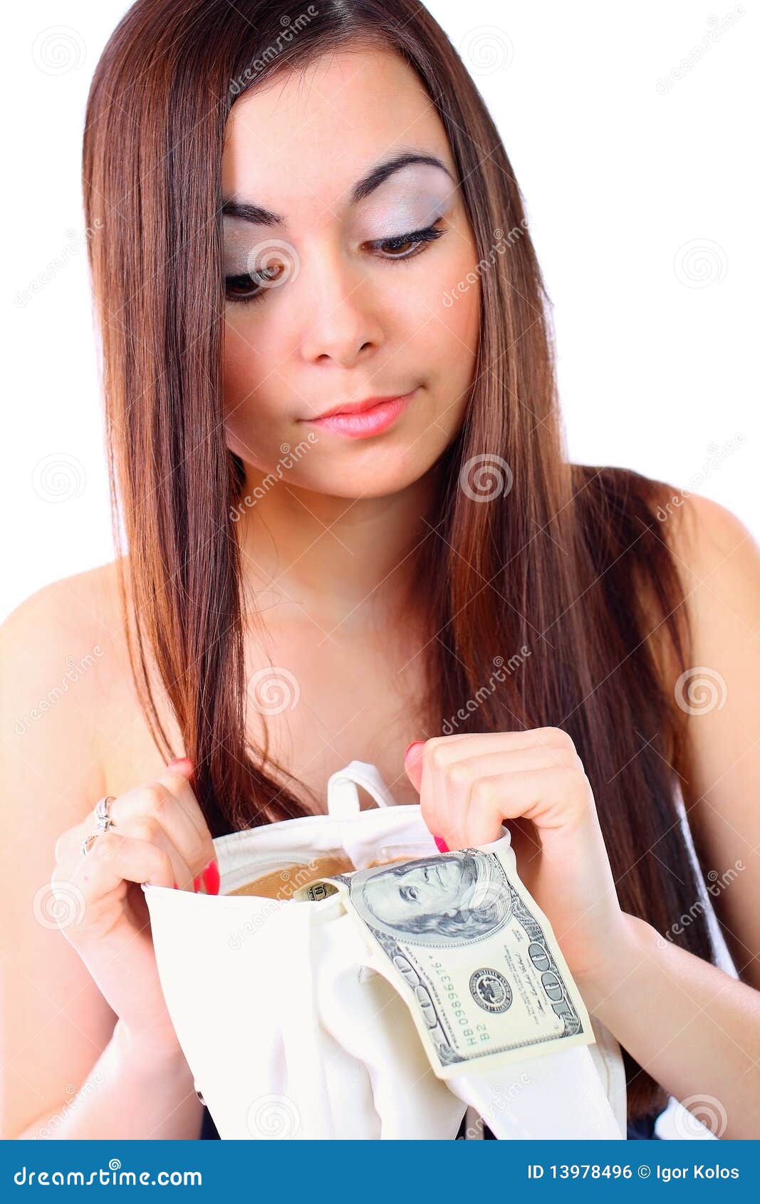 Girl looks in the bag stock photo. Image of dollar, cheerful - 13978496