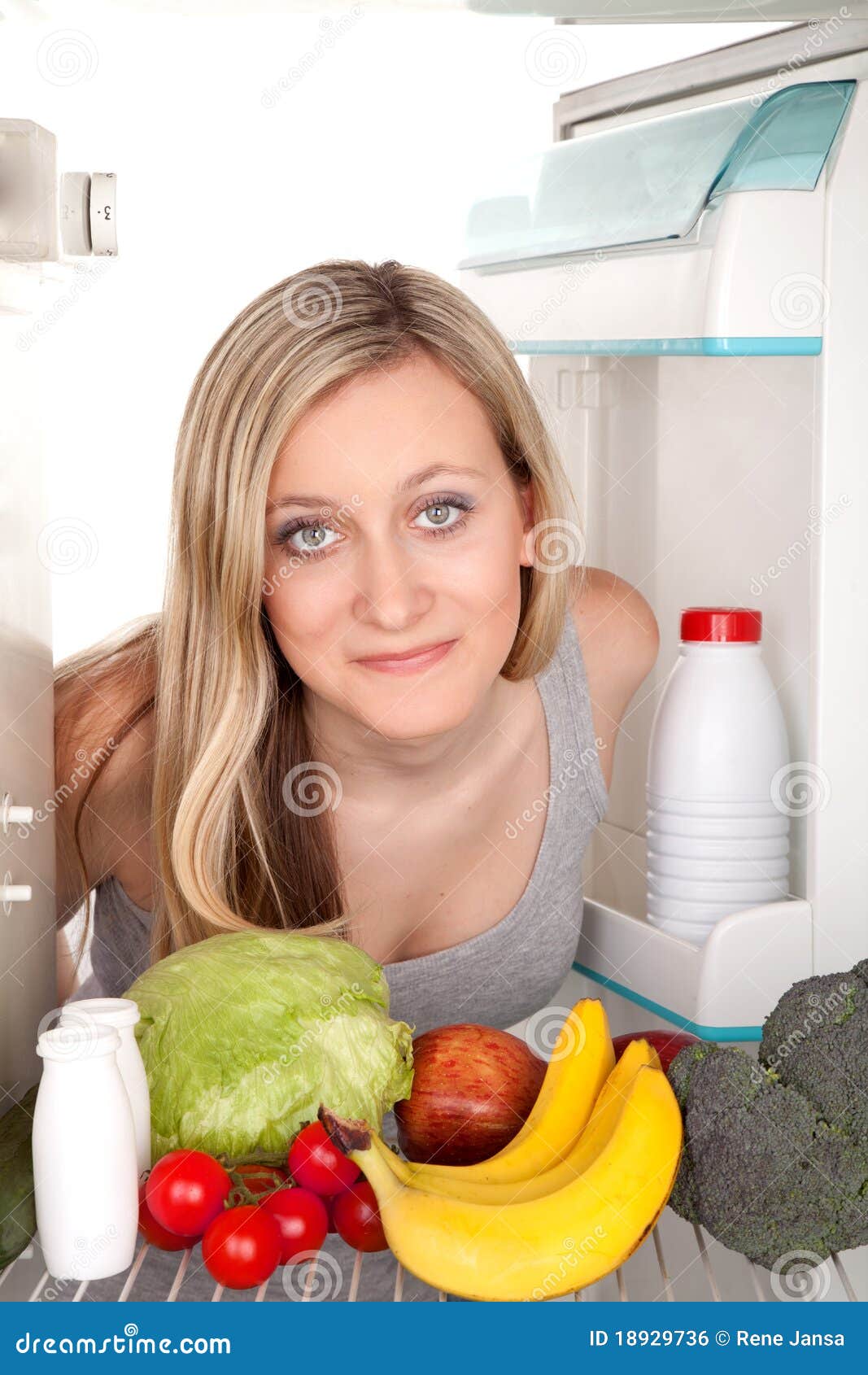 Girl Looks Inside Refrigerator Stock Photo - Image of fruits, banana ...