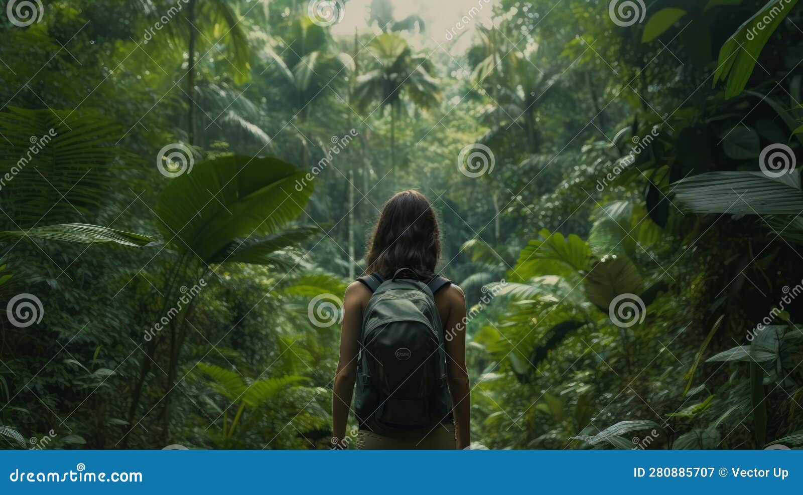 Girl Lost in Deep Jungle Back View. Generative AI. Stock Illustration ...