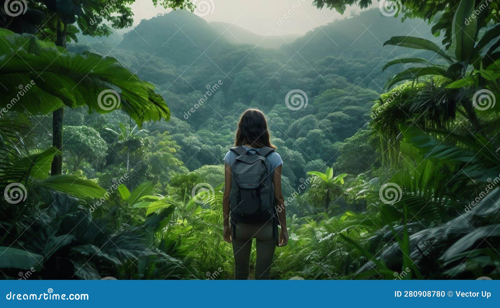 Girl Lost in Deep Jungle Back View. Generative AI. Stock Illustration ...