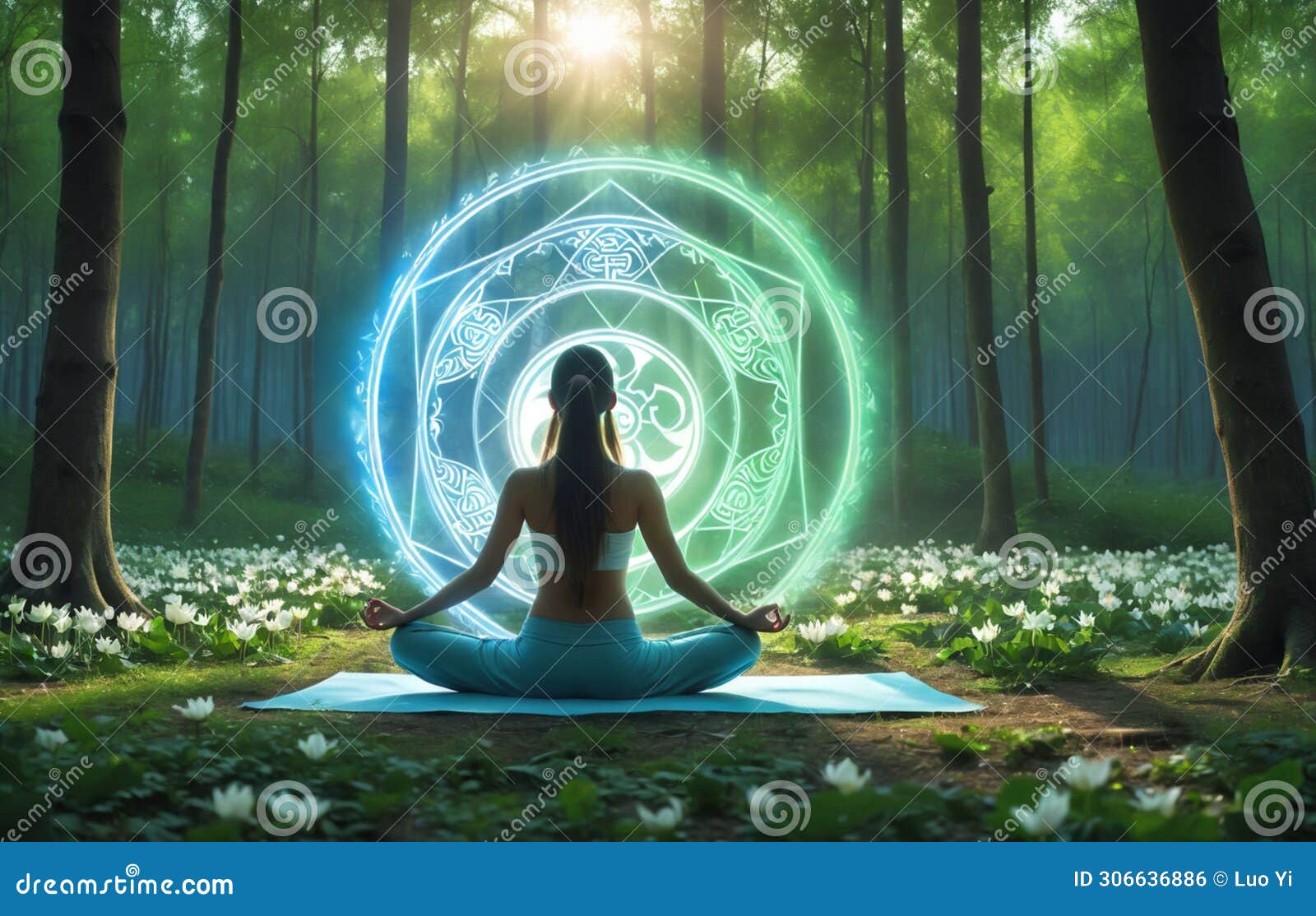 Girl in Lotus Pose Practicing Meditation in Spring Forest in Magic ...