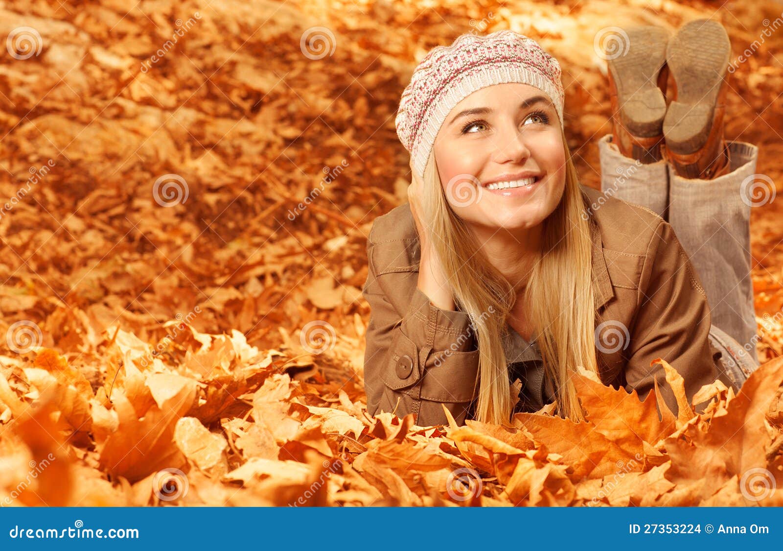 Girl Lying Down on Autumnal Leaves Stock Photo - Image of forest ...