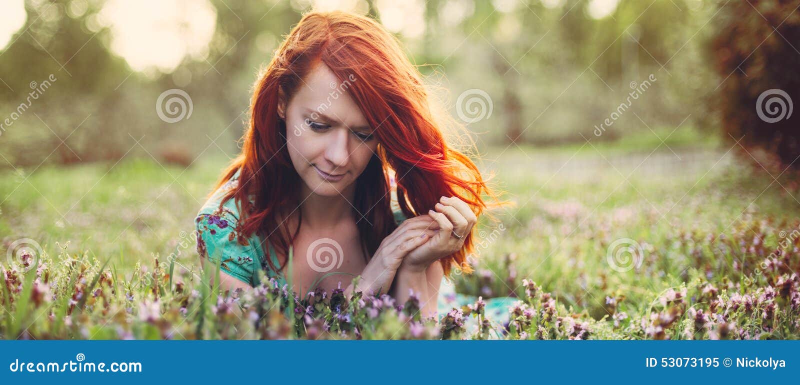 Girl Lying in the Flower Field Stock Image - Image of forest, beauty ...