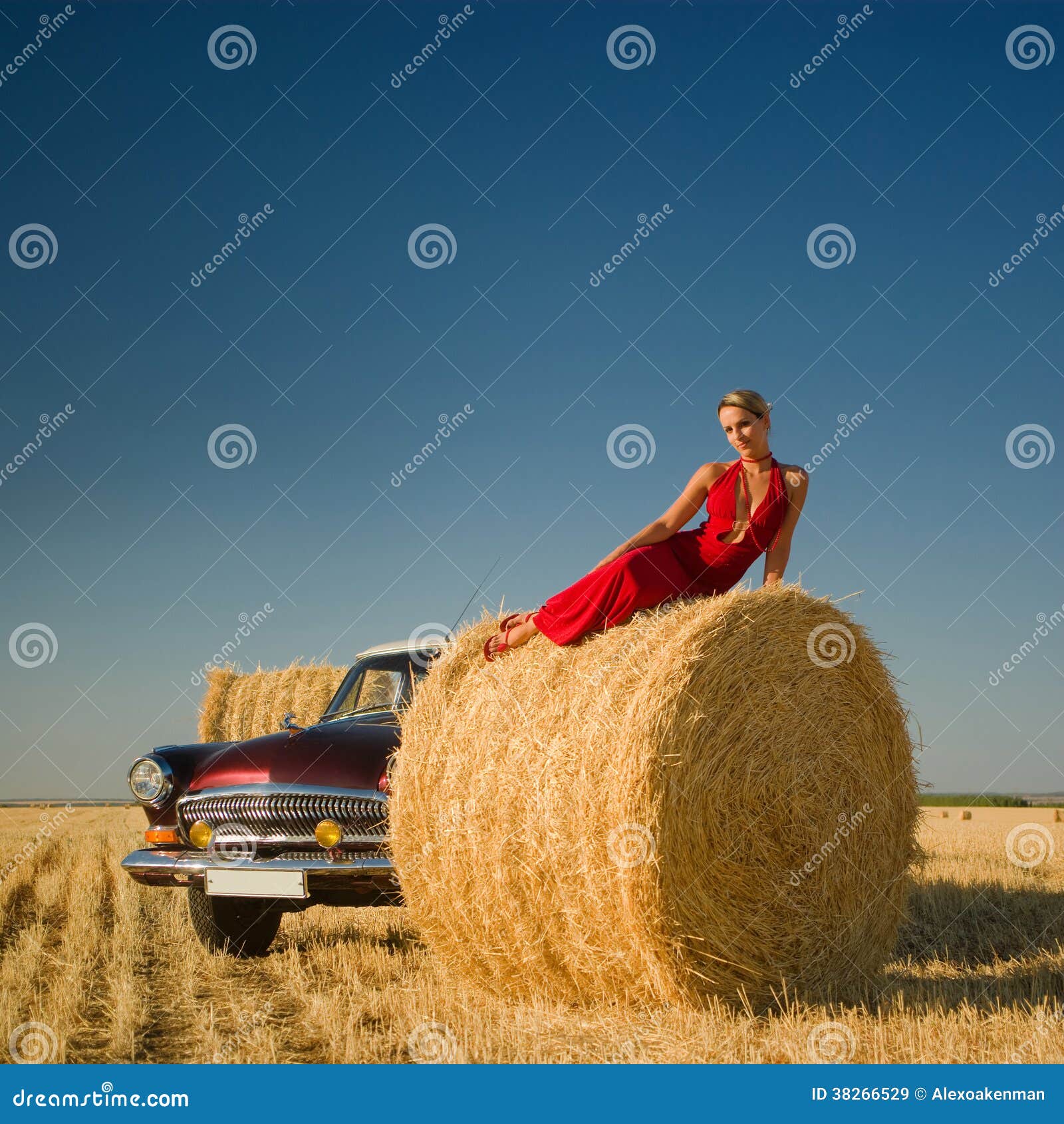 Girl Lying Straw Bale Retro Car Background Stock Photos - Free ...