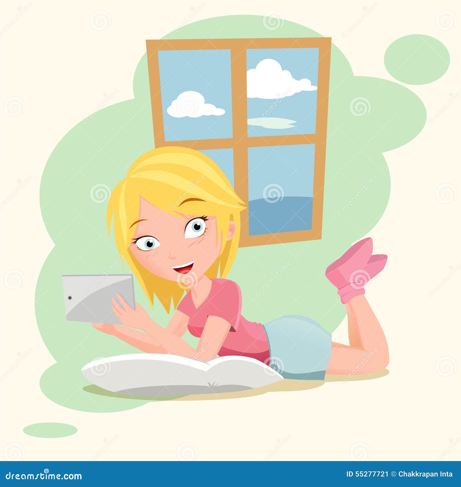 Girl Lying and Using Tablet Stock Vector - Illustration of happiness ...