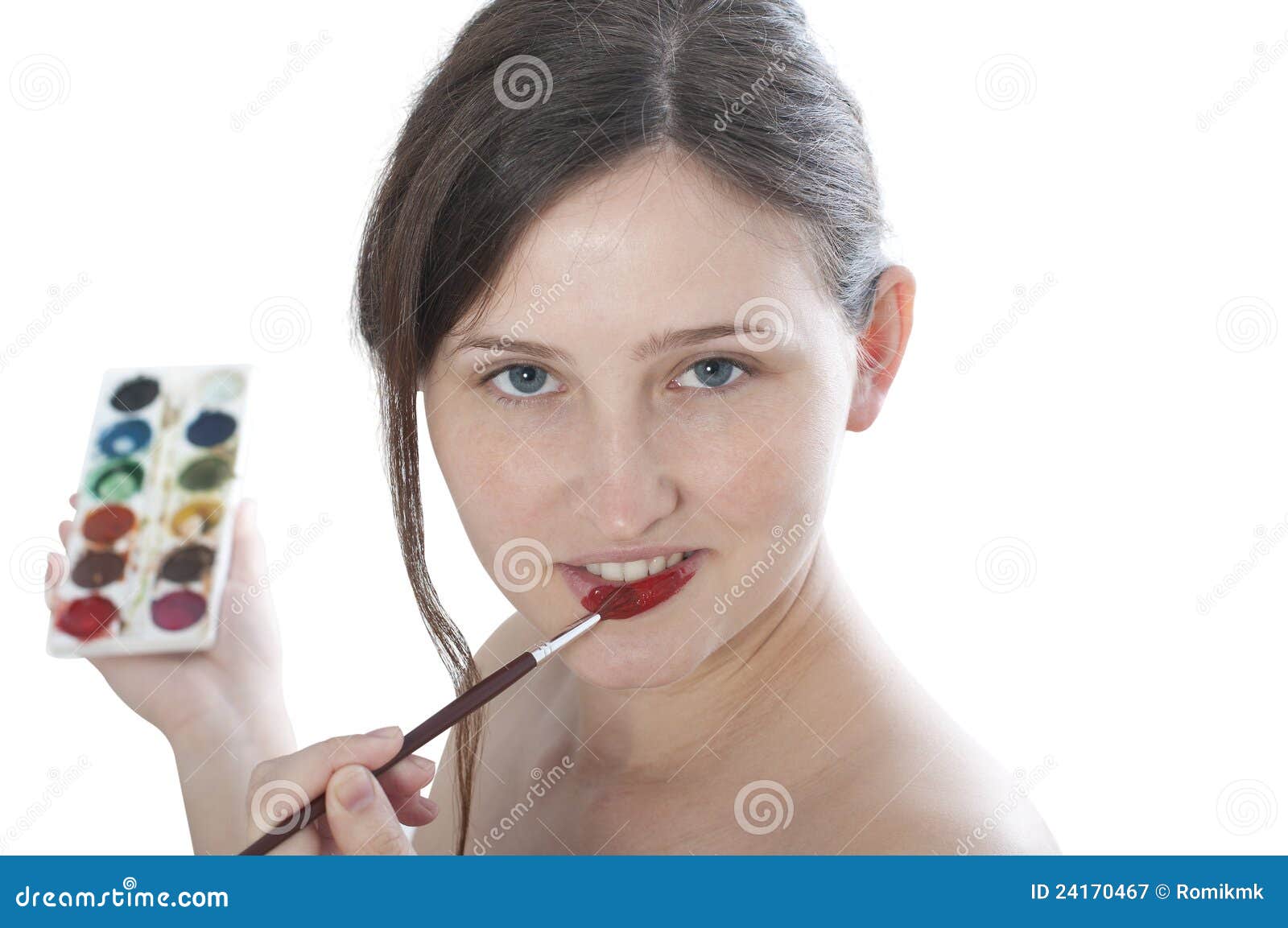Girl without Make-up Paints Watercolor Lips Stock Image - Image of ...