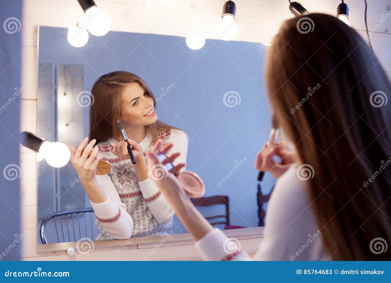 Girl Makes Herself Makeup Make-up in Front of the Mirror Stock Image ...