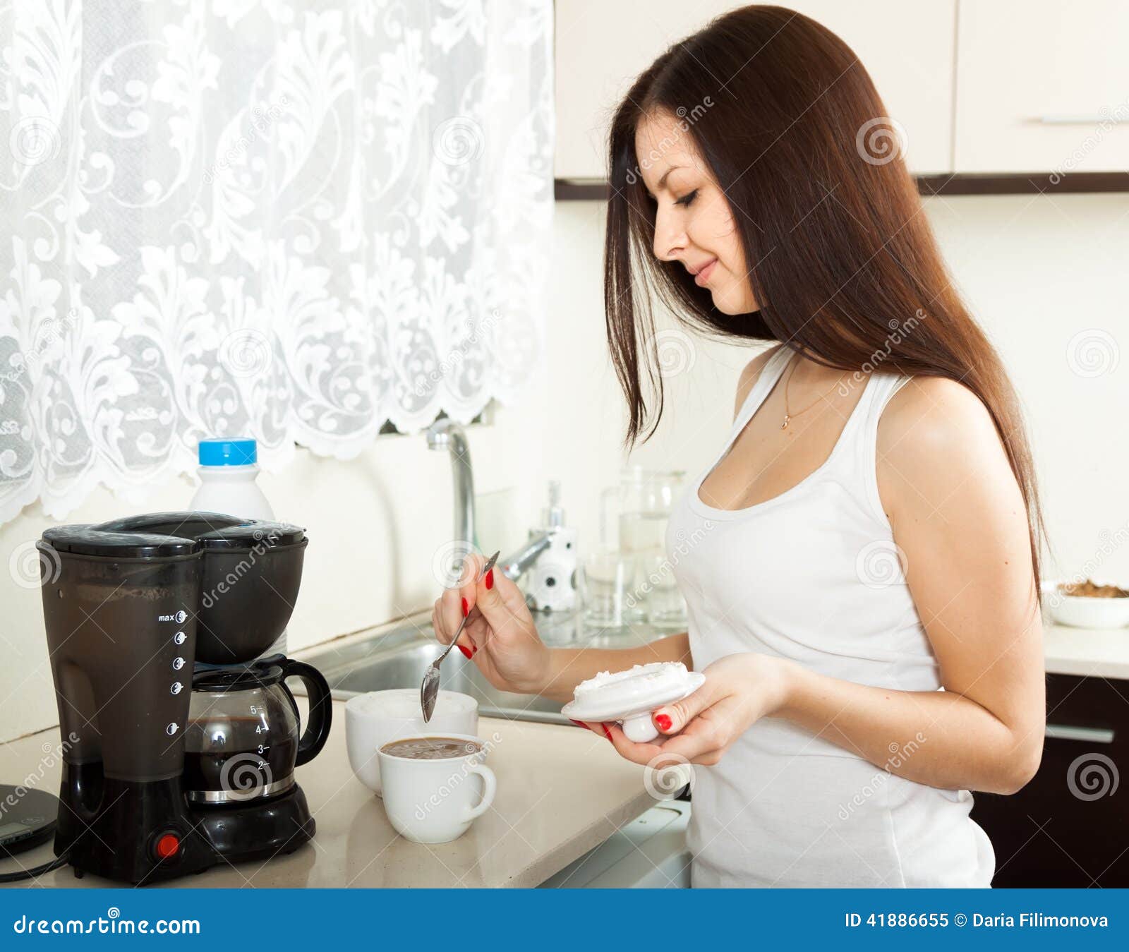 Girl Making Coffee for Breakfast. Stock Image - Image of machine, sweet ...