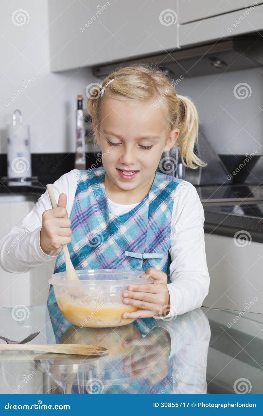 Girl Making Cookies in Mixing Bowl at Kitchen Stock Image - Image of ...