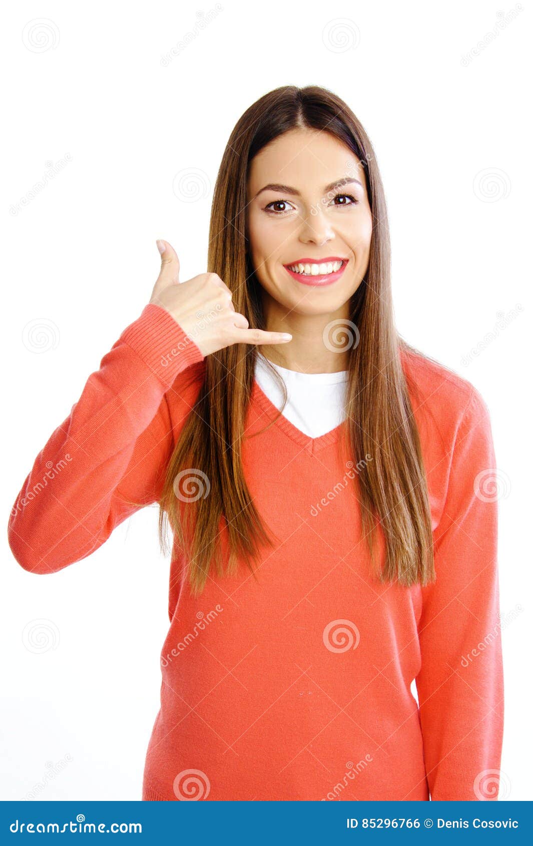 Girl making hallo gesture stock photo. Image of brunette - 85296766