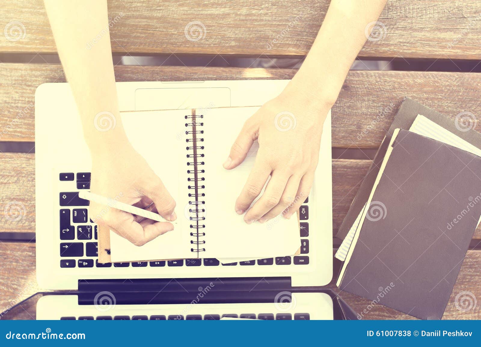 Girl Making Notes in the Diary and Books on the Wooden Table Stock ...