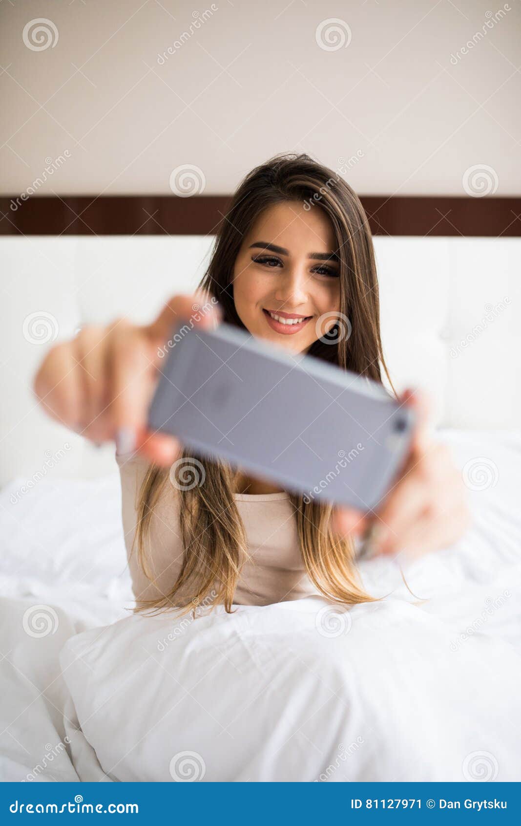 Girl Making Selfie In The Bed Stock Image Image Of Bedroom Girl