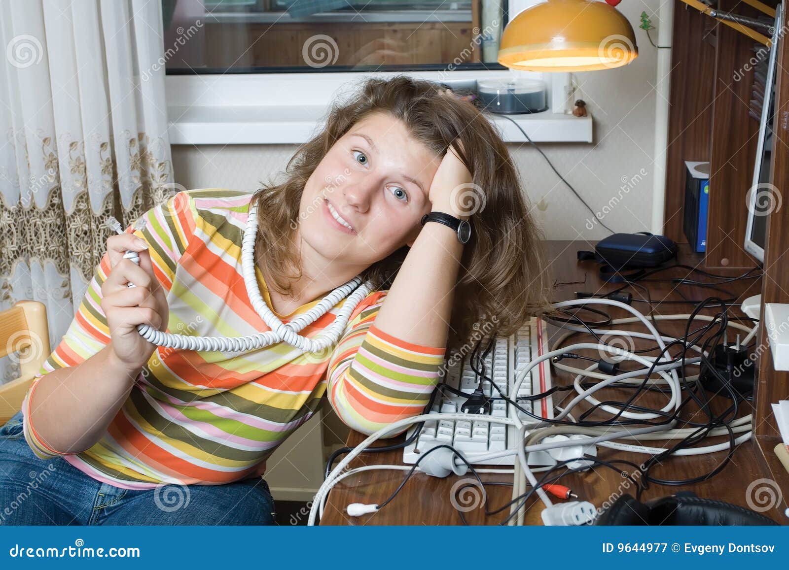Girl with many wires stock image. Image of home, communications - 9644977