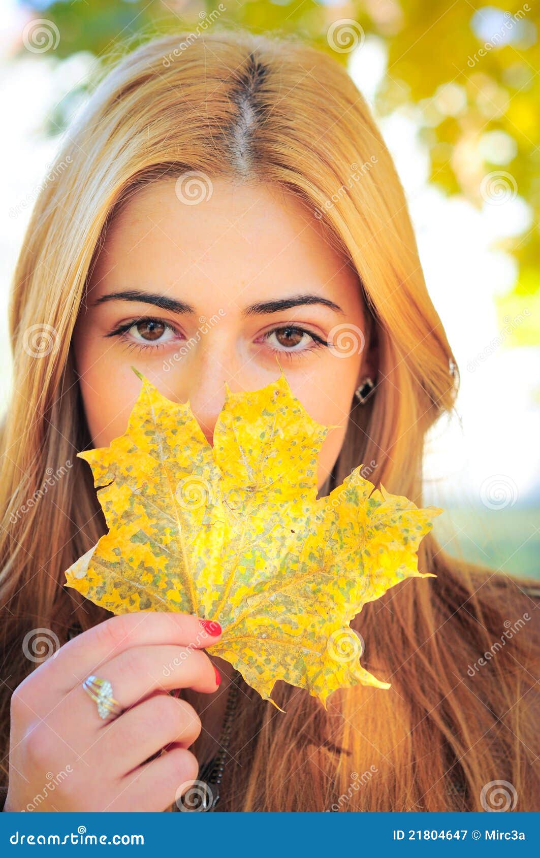 Girl with maple leaf stock image. Image of bright, face - 21804647