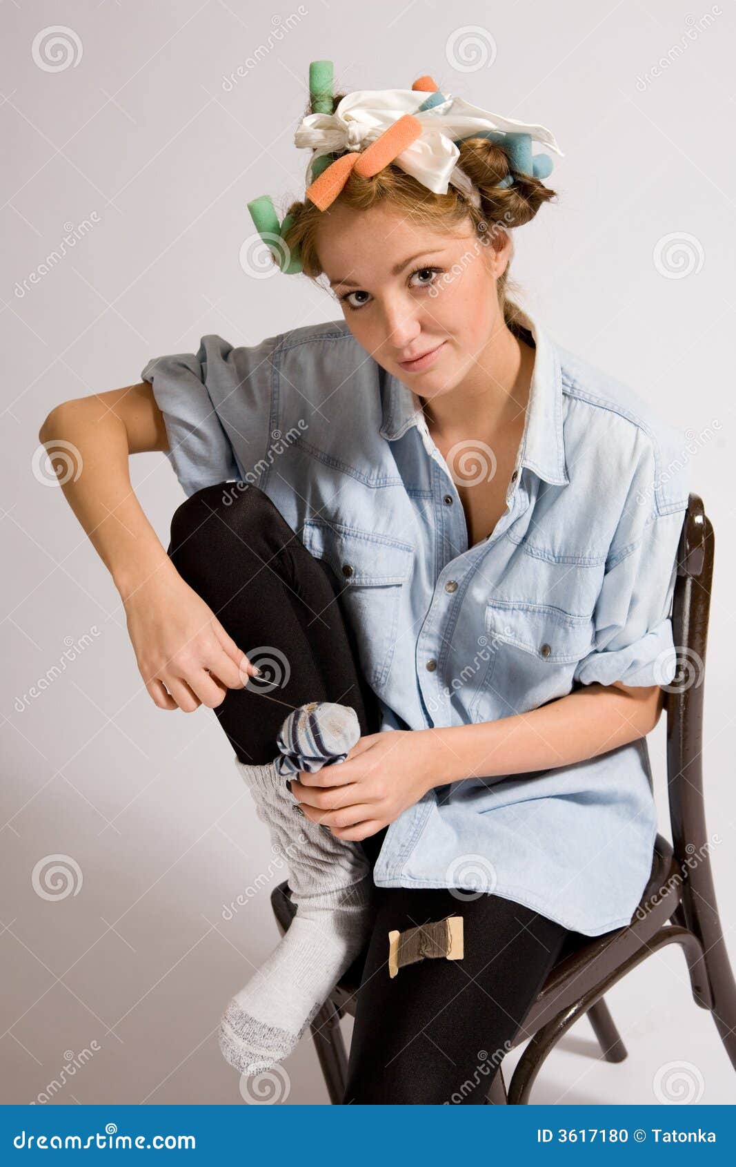 Girl mending sock stock photo. Image of women, teenager - 3617180