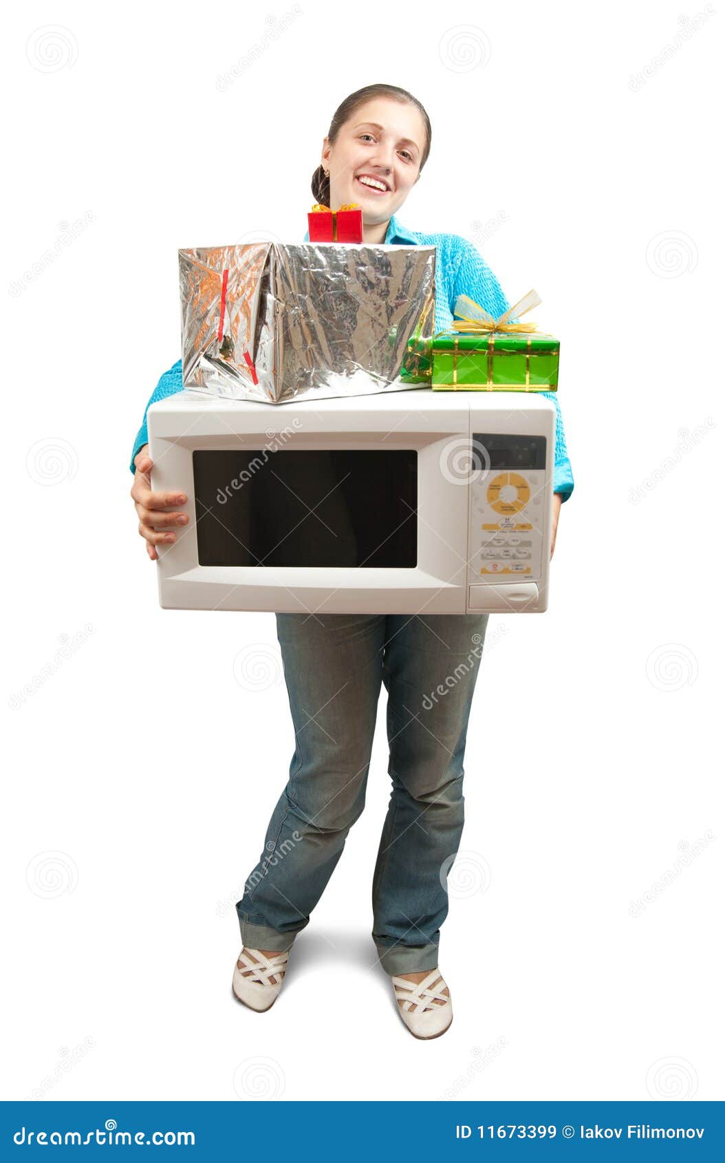 Girl with Microwave Oven and Gifts Stock Image - Image of appliance ...