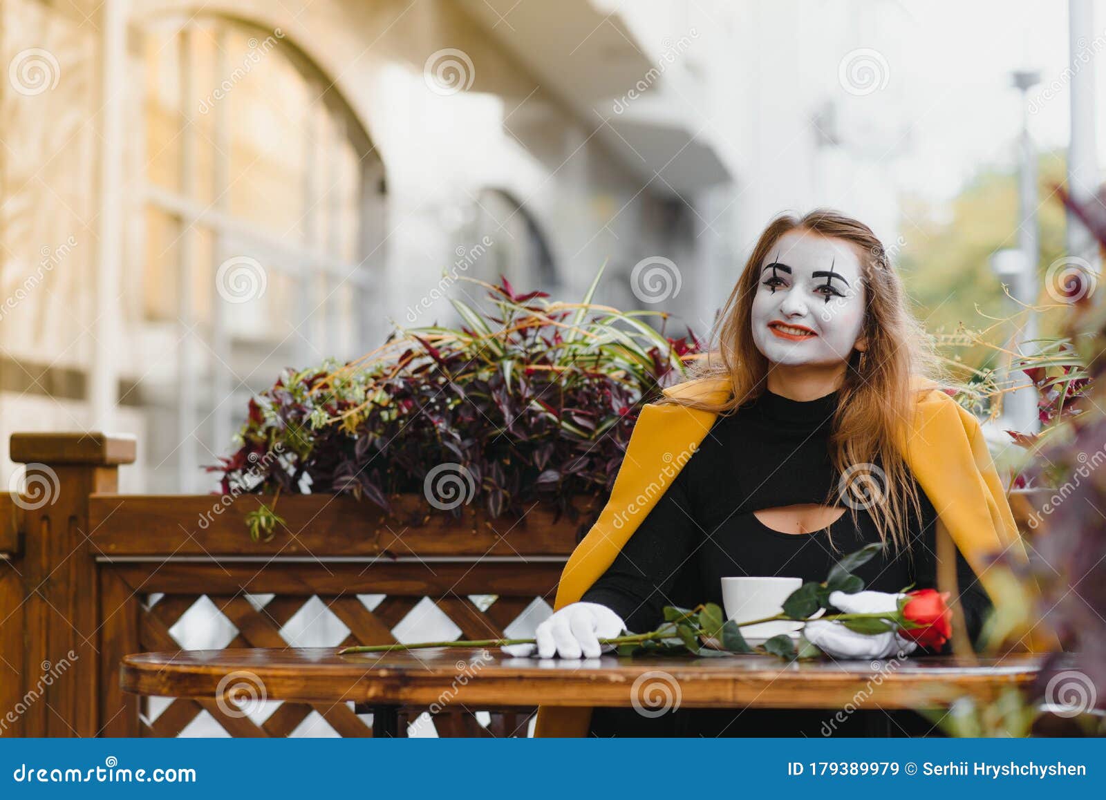 Mime Comedian Drinking Coffee. Girl Mime Drinks Coffee in Paris Stock ...
