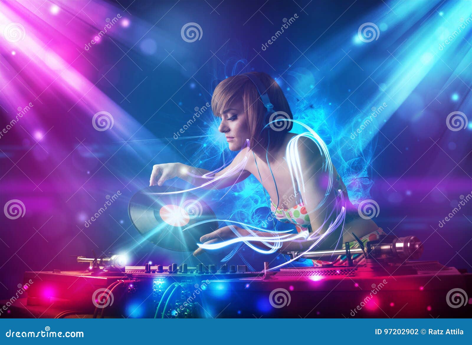 Girl Mixing Music with Powerful Light Effects Stock Photo - Image of ...