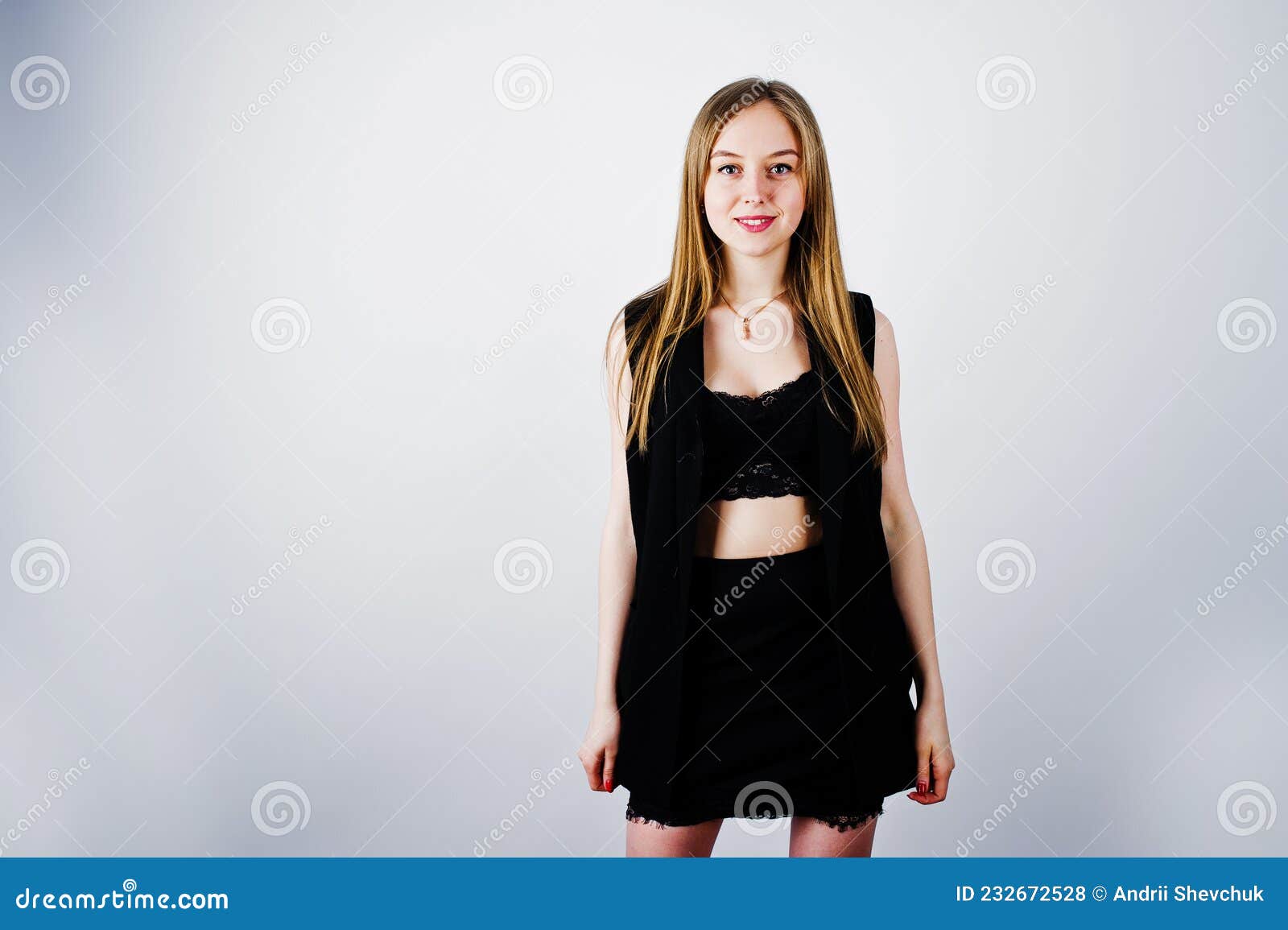 Girl Model in Black Wear Posed at Studio on White Background Stock ...