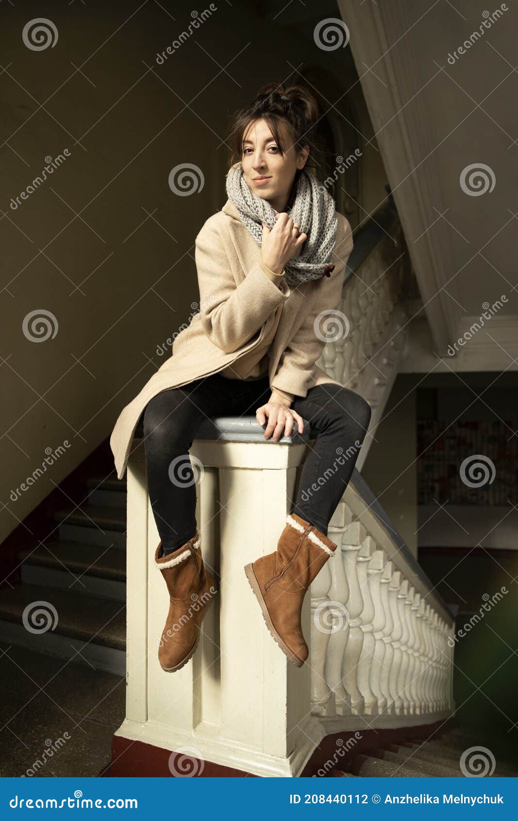 Girl Model Posing, Sitting on the Railing of the Steps with Columns ...