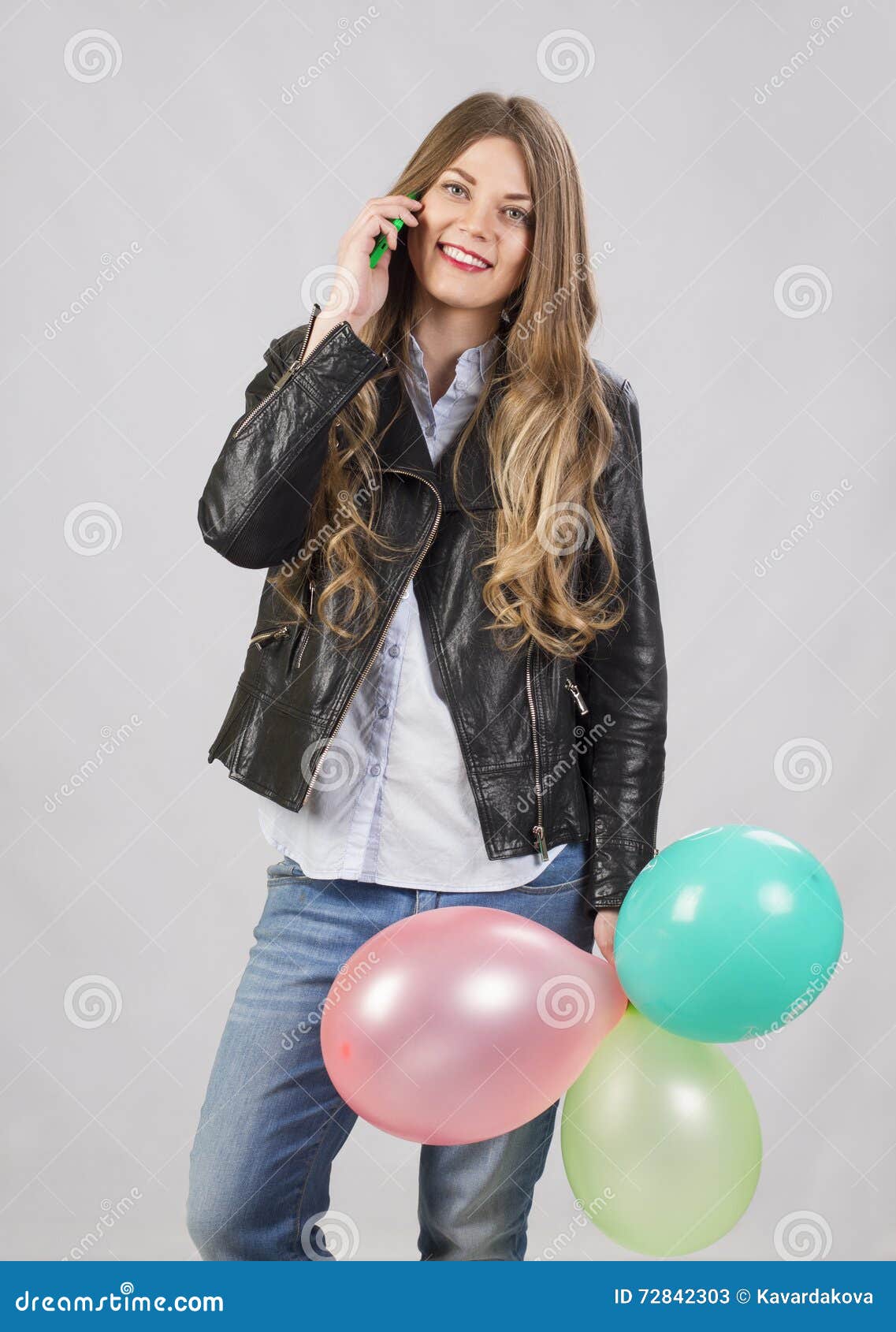 Girl Model in Studio with Balloons and Cell Phone Stock Image - Image ...