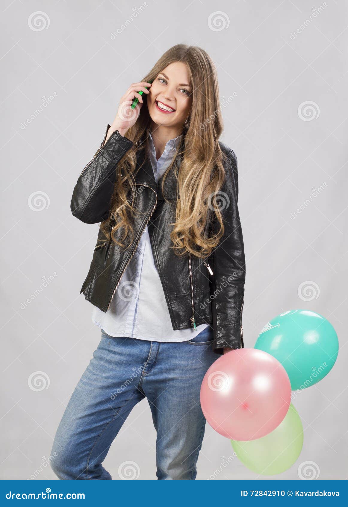 Girl Model in Studio with Balloons and Cell Phone Stock Photo - Image ...