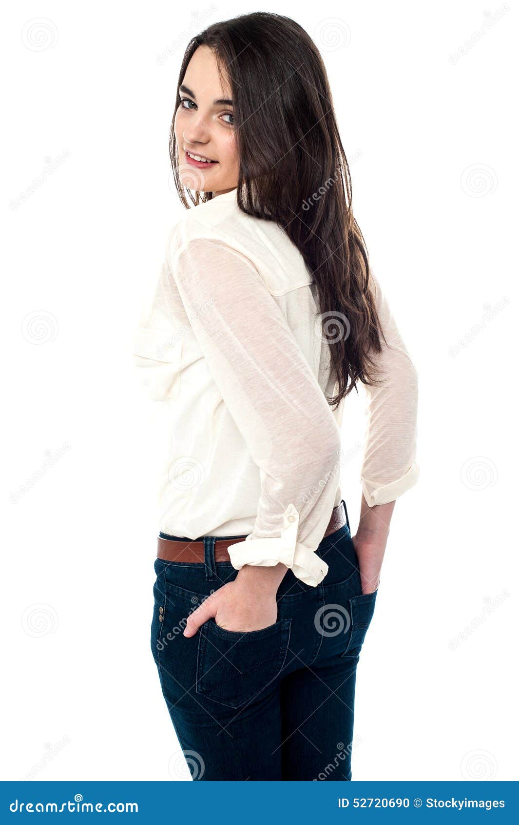 Girl in Modern Attire Looking Sideways Stock Photo - Image of pocket ...