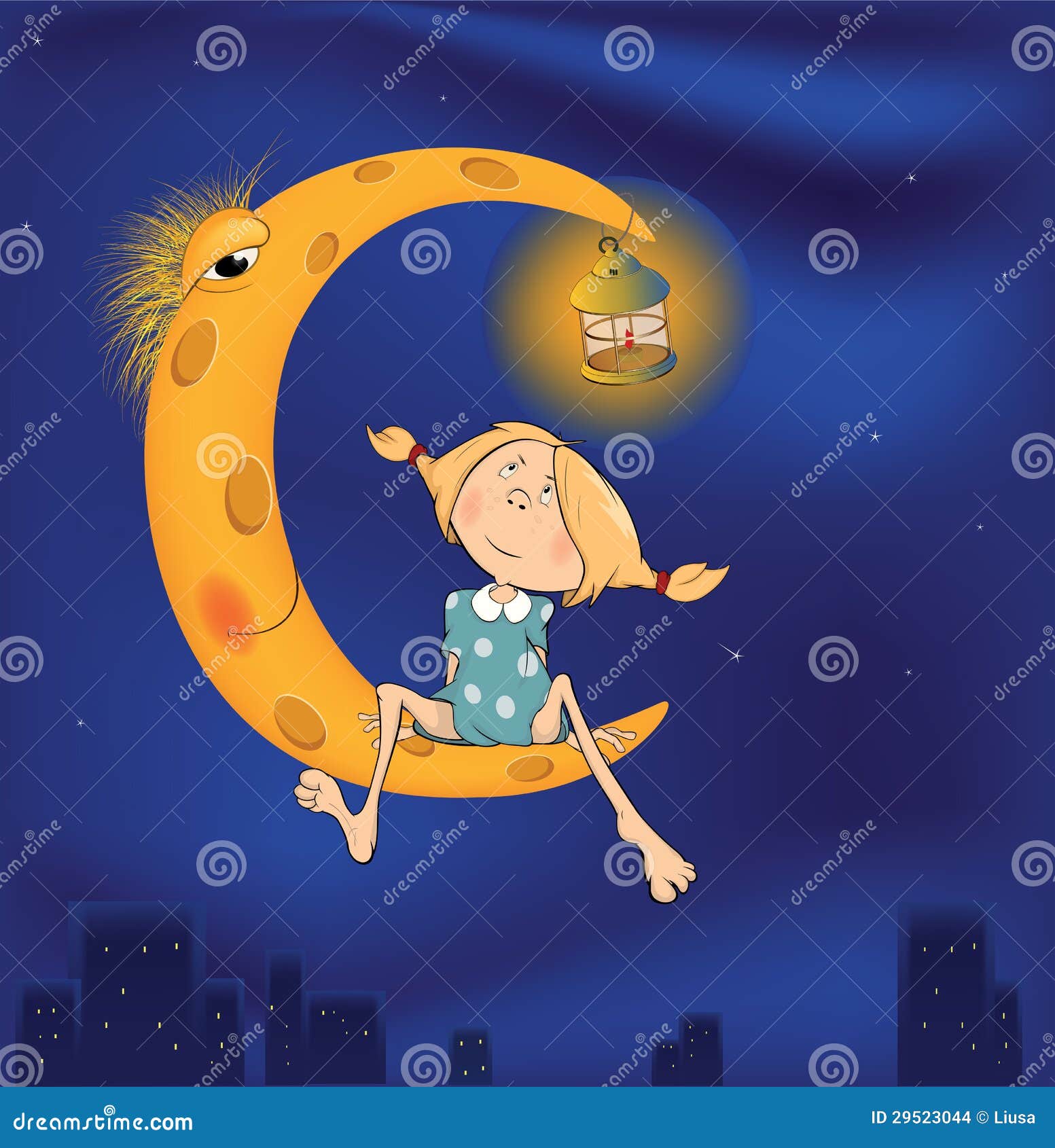 The Girl and the Moon Cartoon Stock Vector - Illustration of barefoot ...