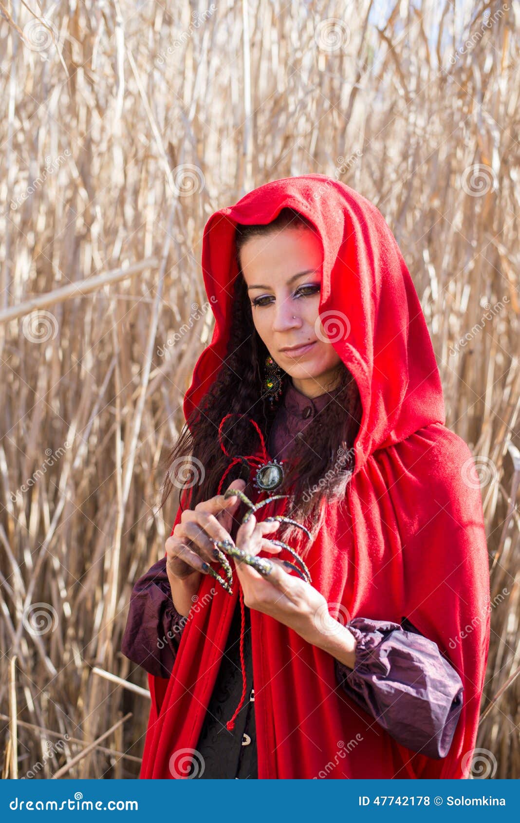 Girl on the Nature in a Red Cloak Stock Photo - Image of model, people ...