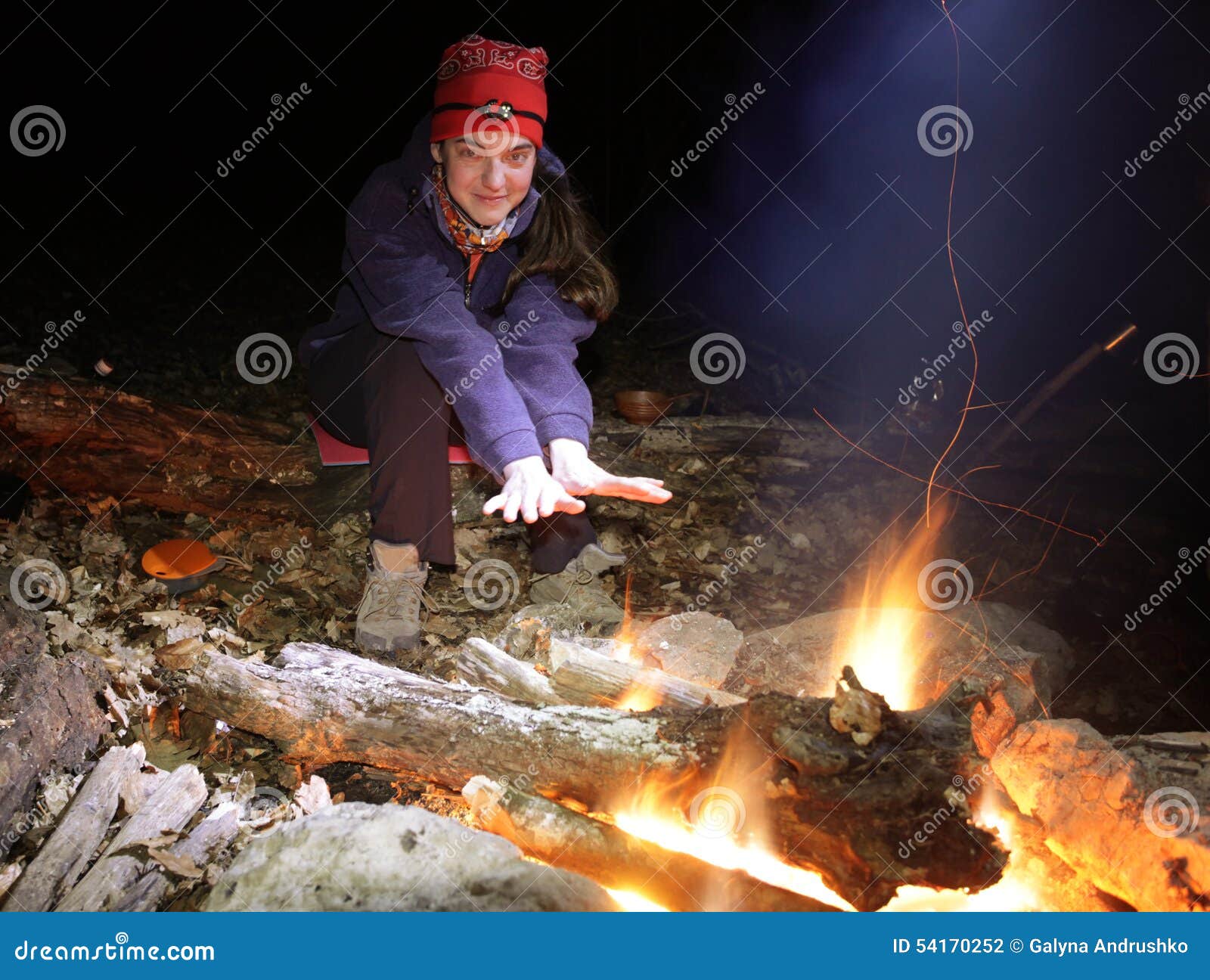 Girl near campfire stock photo. Image of environment - 54170252