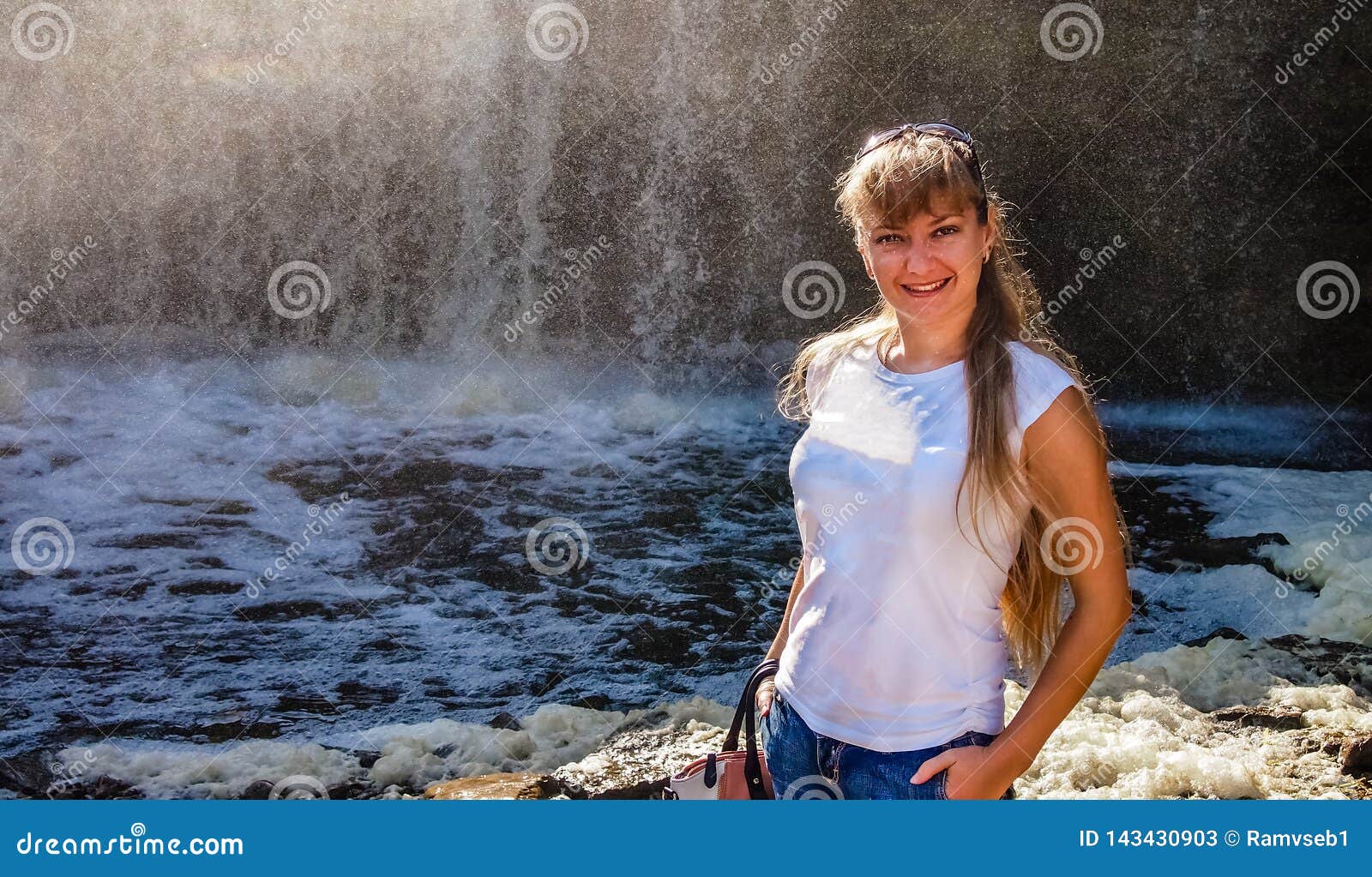 The Girl Near the Waterfall Stock Image - Image of background ...