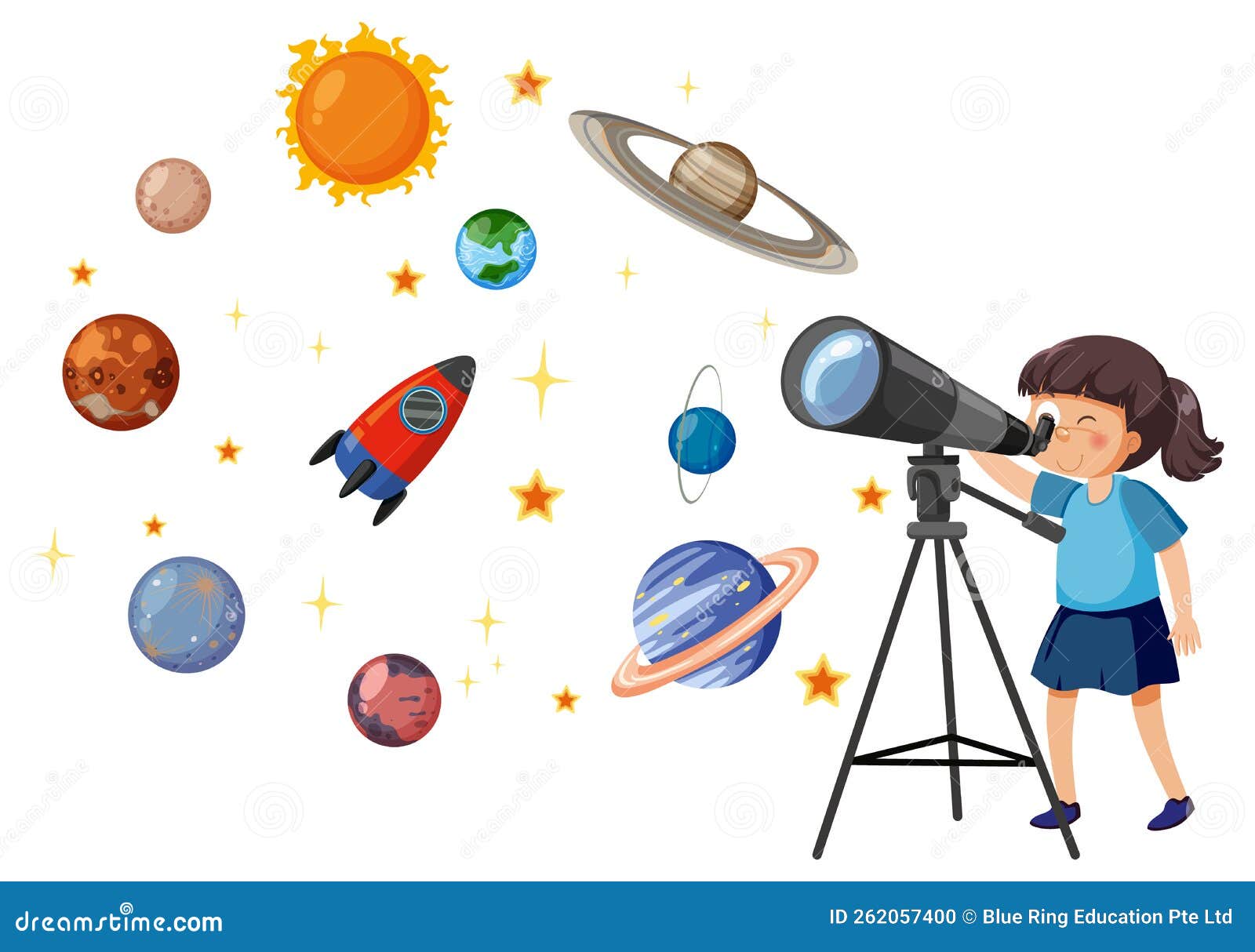A Girl Observing Planets with Telescope Stock Vector - Illustration of ...