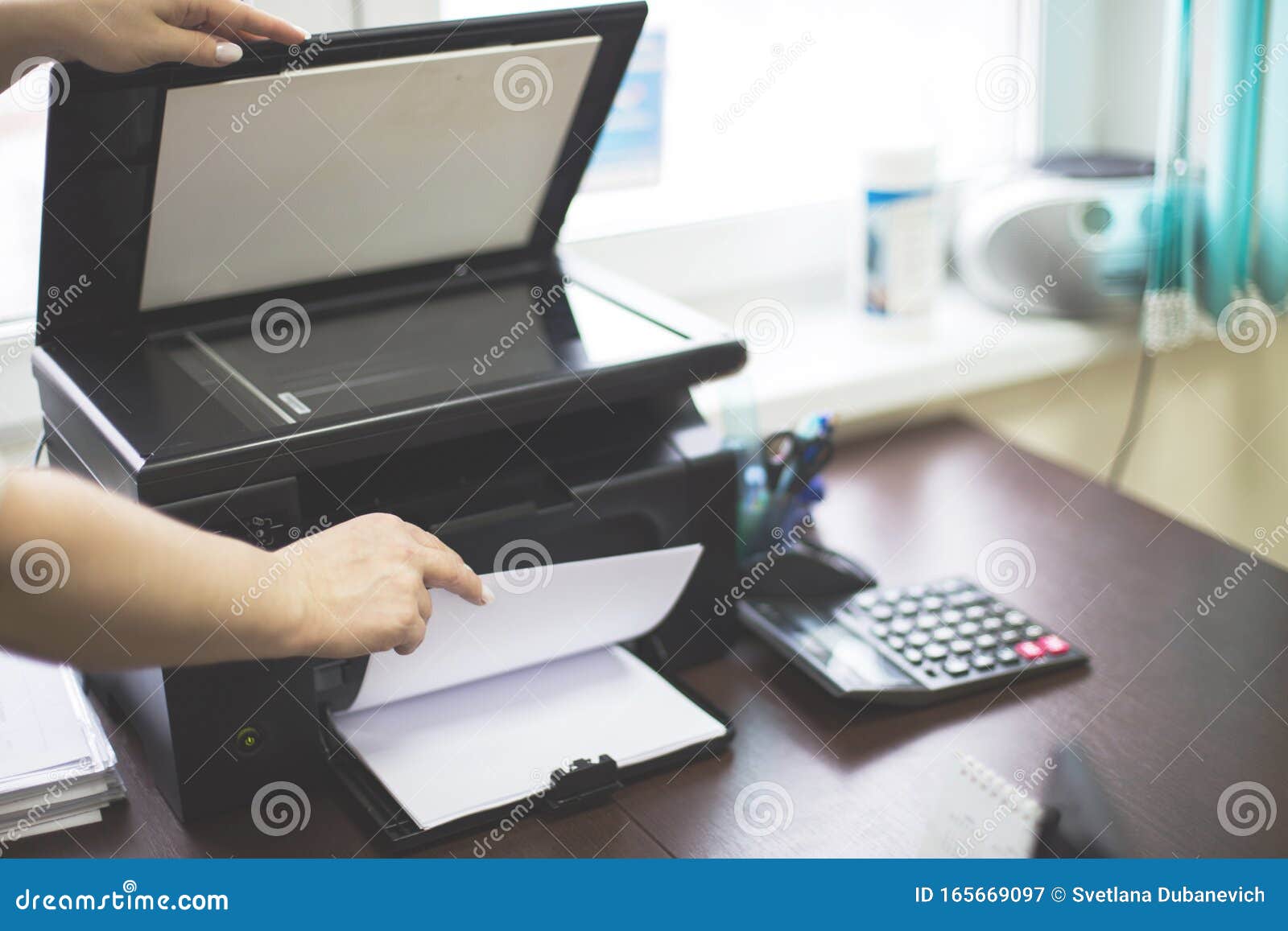 Girl in the Office Prints Documents on a Printer. Stock Image - Image ...