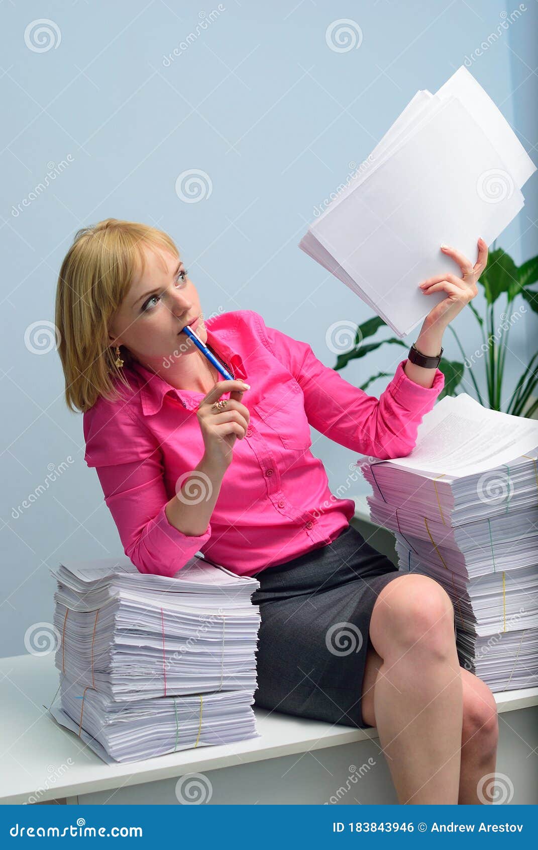Girl in the Office among the Stacks of Documents Stock Photo - Image of ...