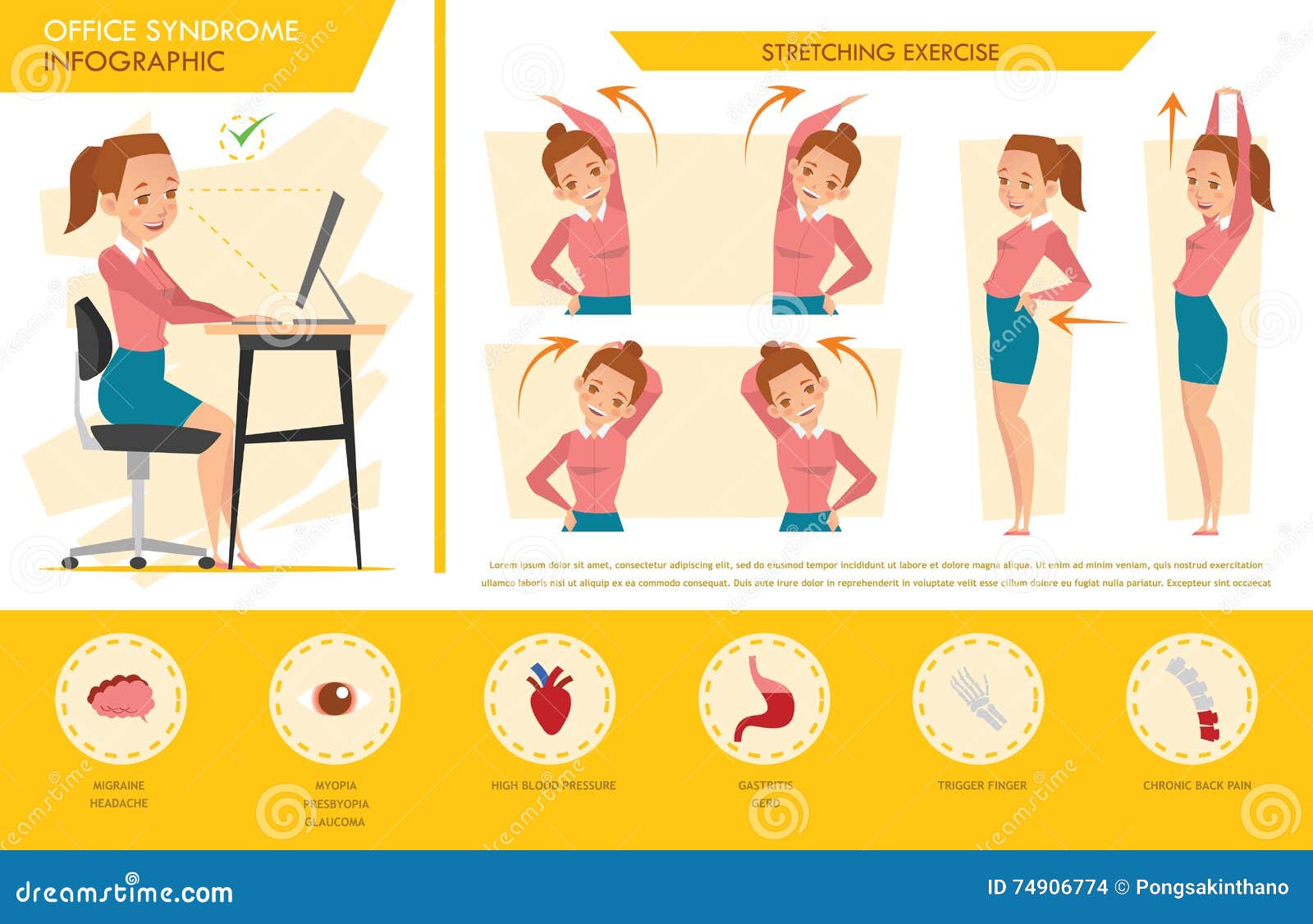 Girl Office Syndrome Info Graphic And Stretching Exercise Vector ...