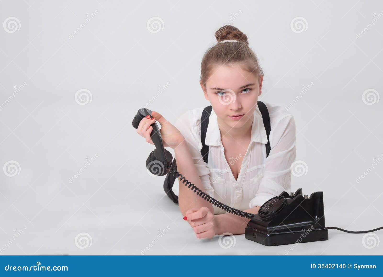 Girl with old phone stock photo. Image of listening, black - 35402140