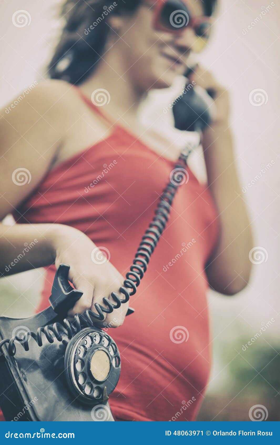 Girl with old phone. stock image. Image of business, happy - 48063971