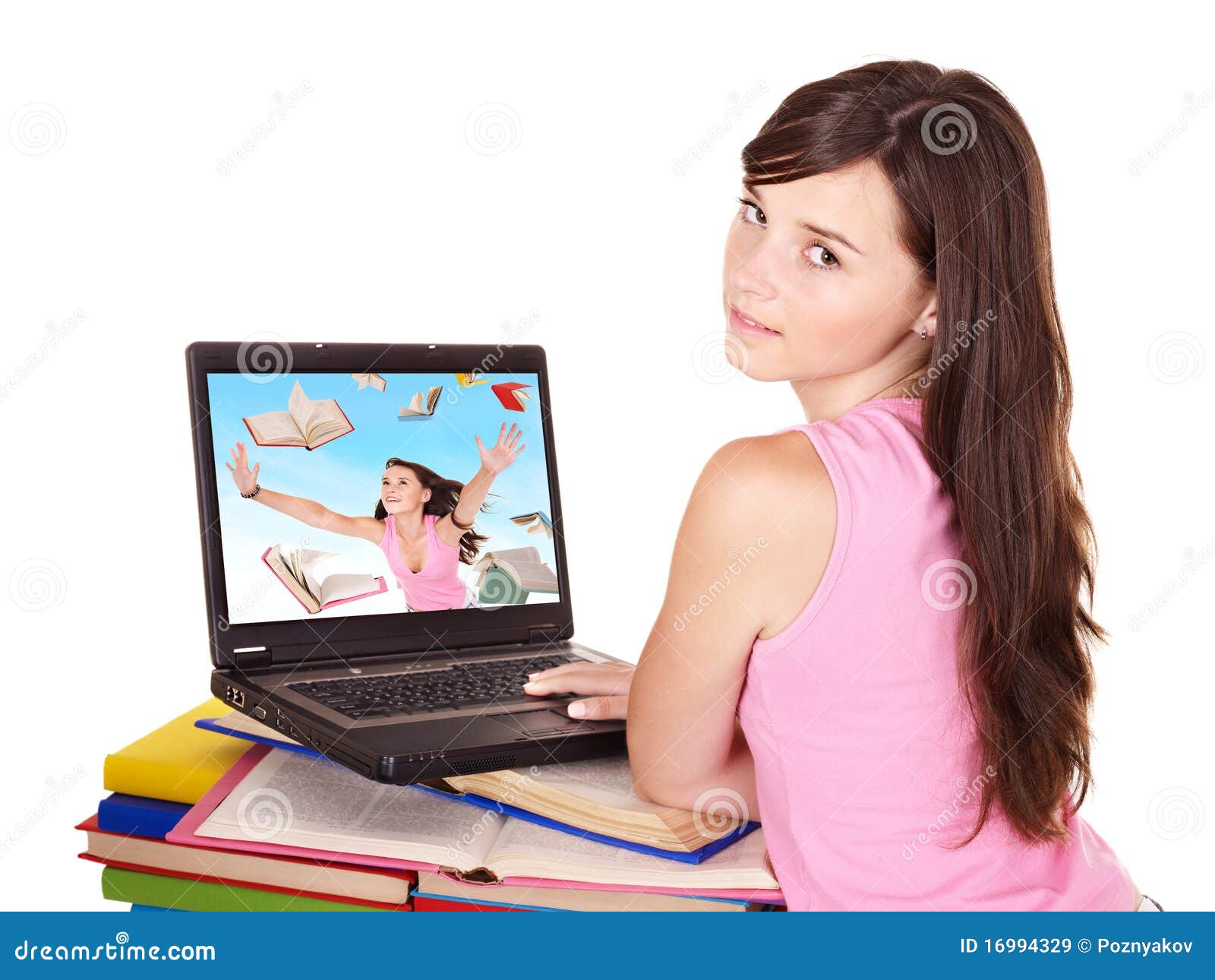 Girl with Open Laptop and Book. Stock Image - Image of children ...