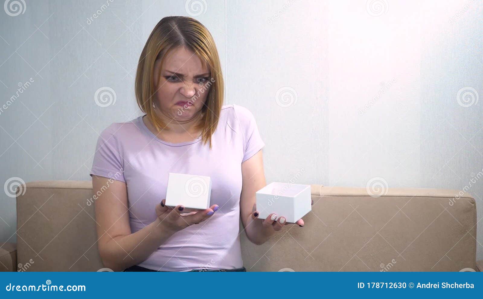 The Girl Opens the Box and Throws the Box she Complained Stock Footage ...