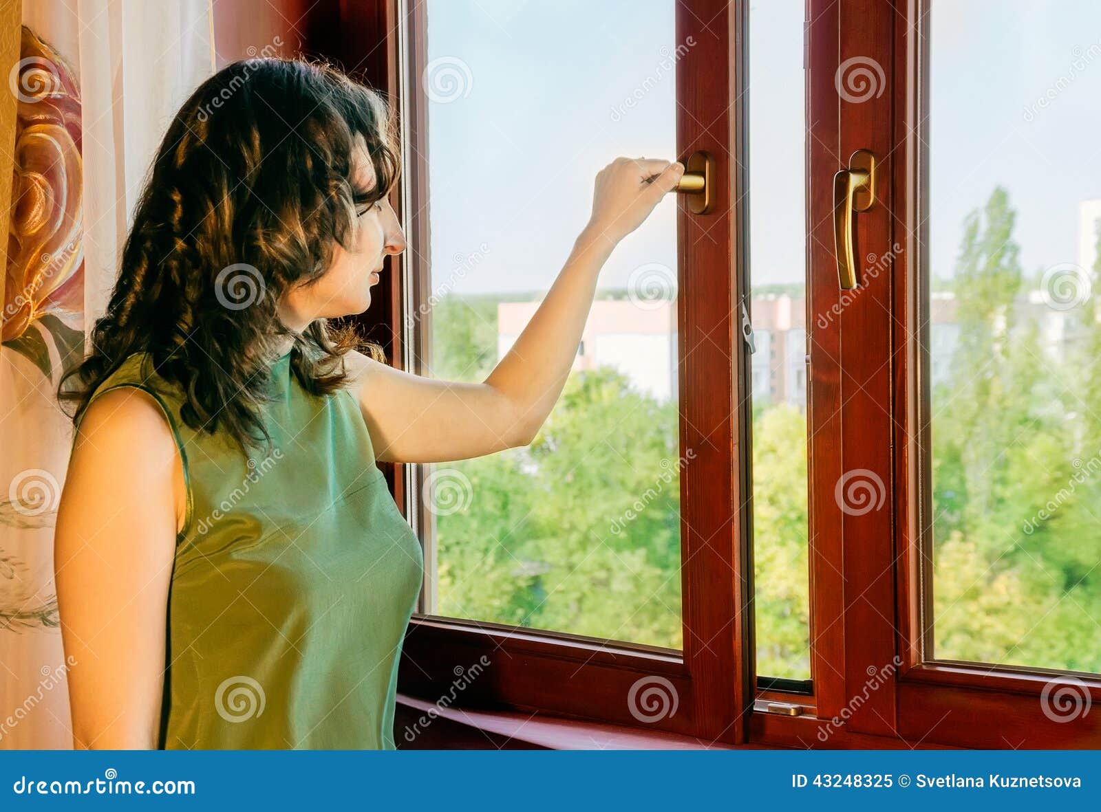 Girl opens window stock image. Image of window, open - 43248325