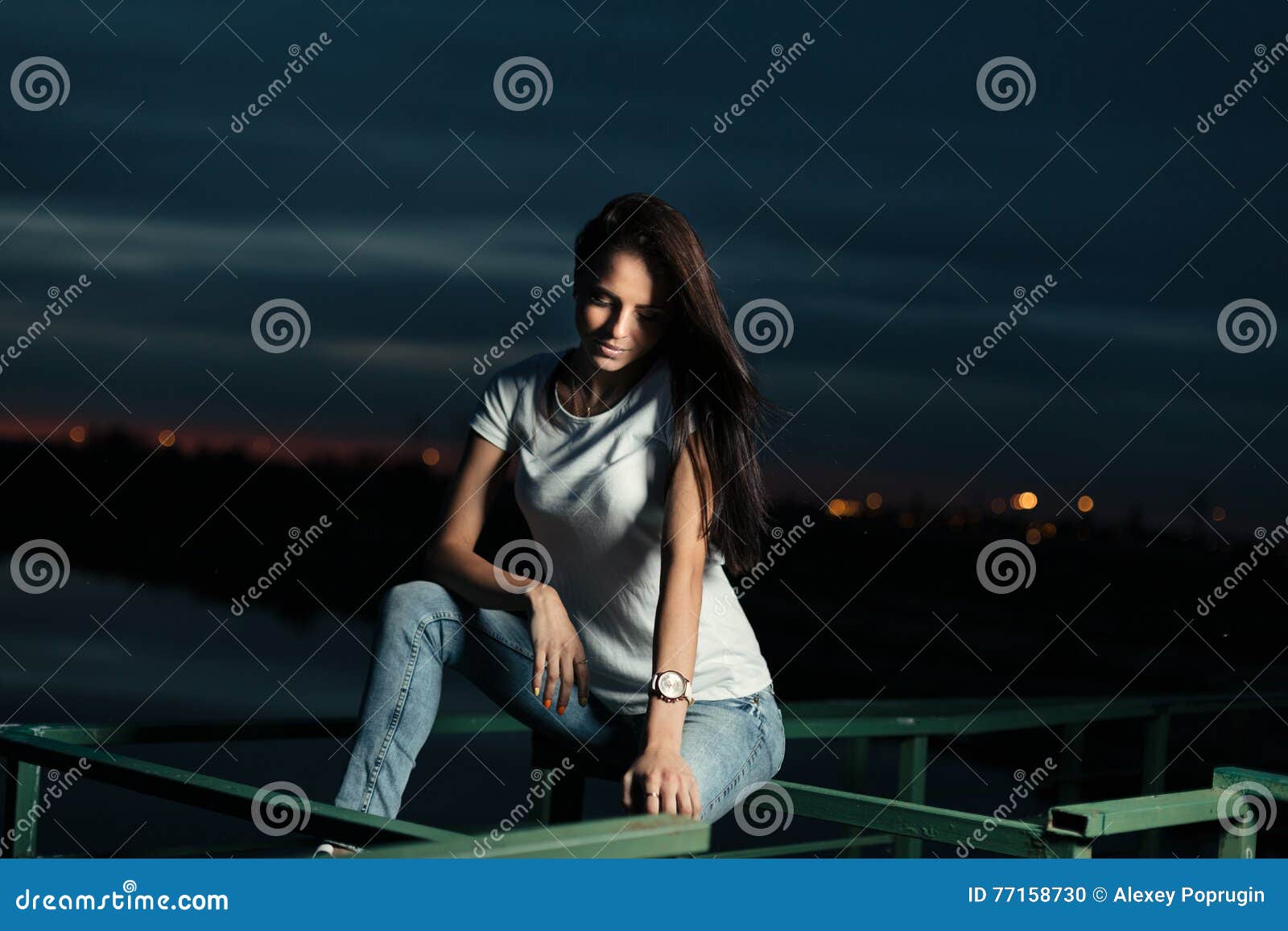 Girl outdoors at night stock photo. Image of alone, leisure - 77158730