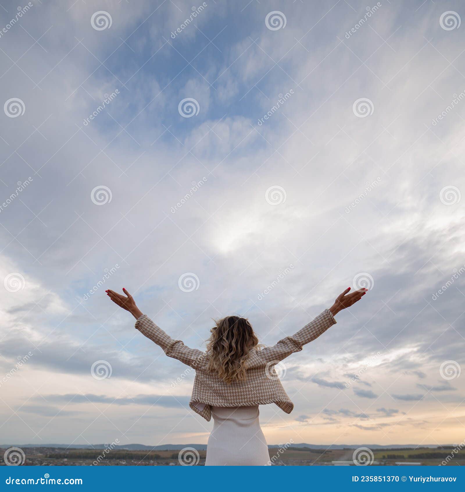 Girl with Outstretched Hands To Sky. Back View Stock Photo - Image of ...
