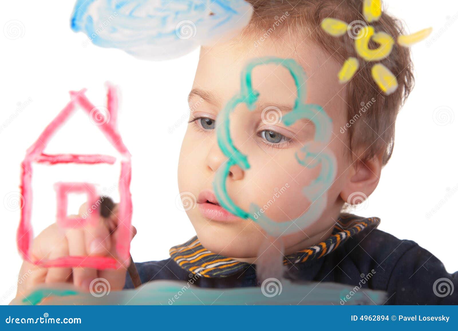 Girl paints house on glass stock photo. Image of hair - 4962894
