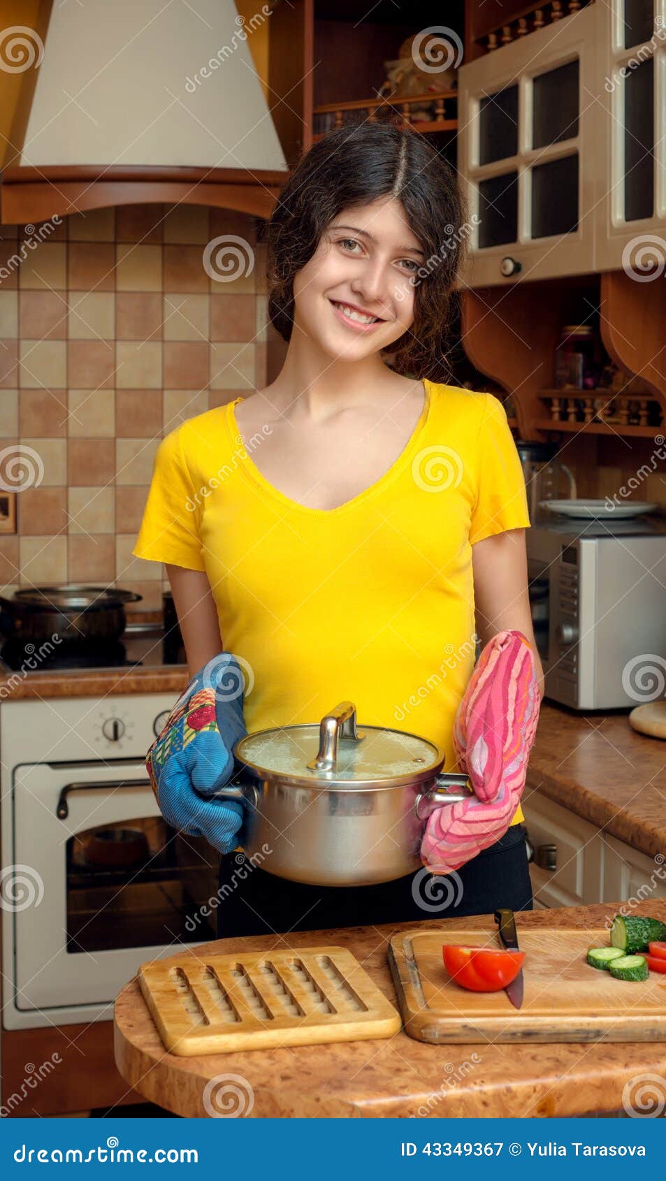 Girl with Pan Cooking Dinner in the Kitchen Stock Image - Image of ...
